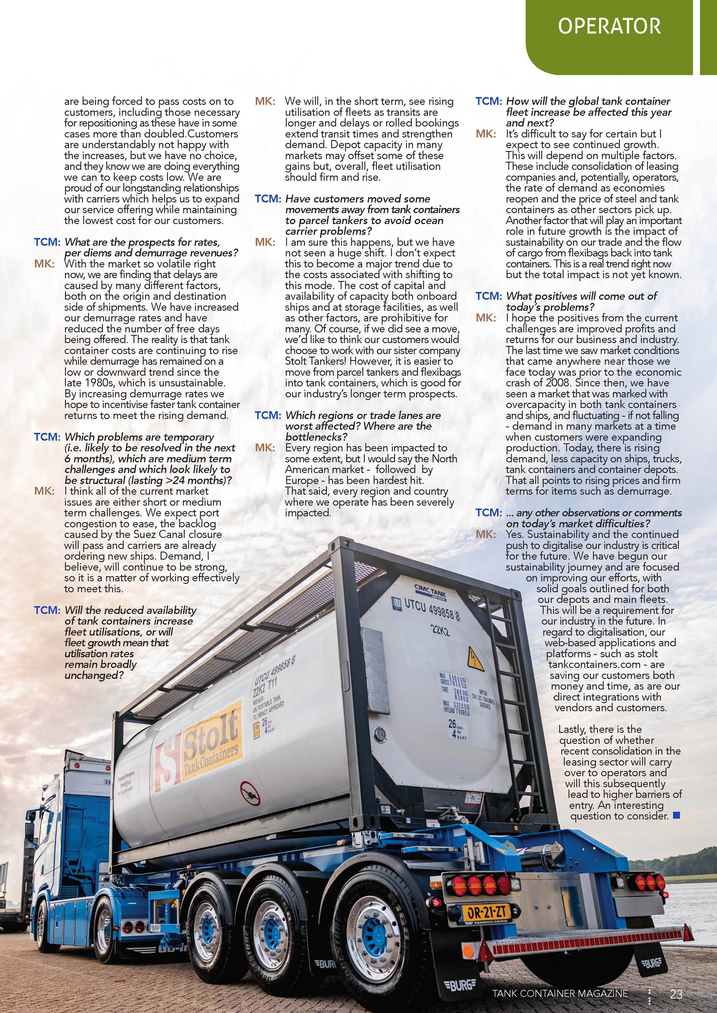 Michael Kramer, President of Stolt Tank Containers, gives an interview ...