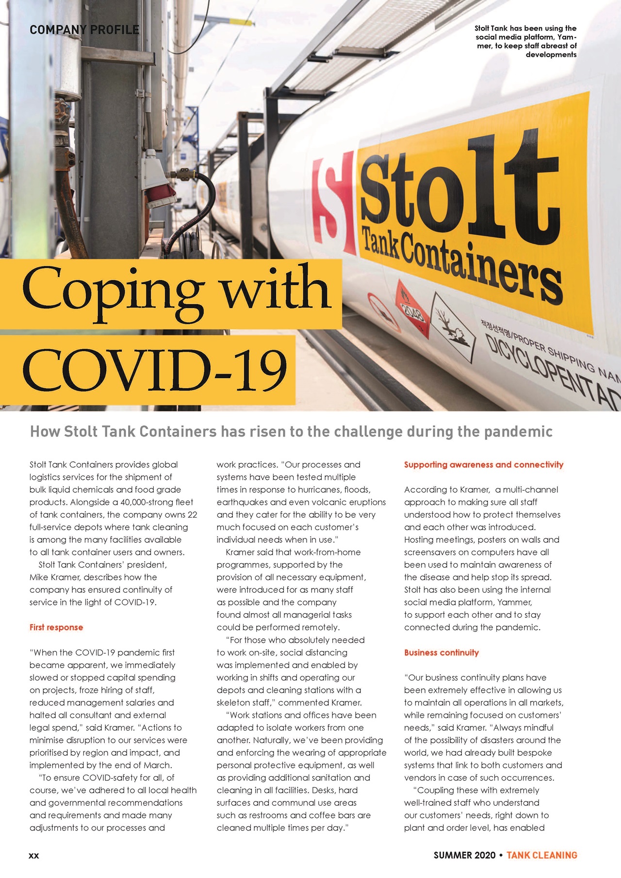 Article with Mike Kramer in Tank Cleaning Magazine | Stolt Tank Containers